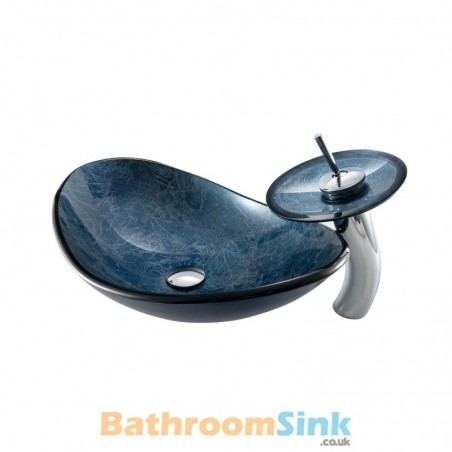Boat Shape Blue Grey Tempered Glass Bathroom Sink And Tap Set