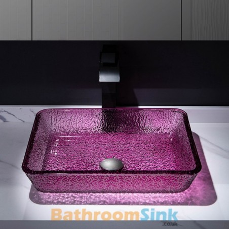 Modern Dark Red Rectangle Bathroom Vessel Glass Sink And Tap Set